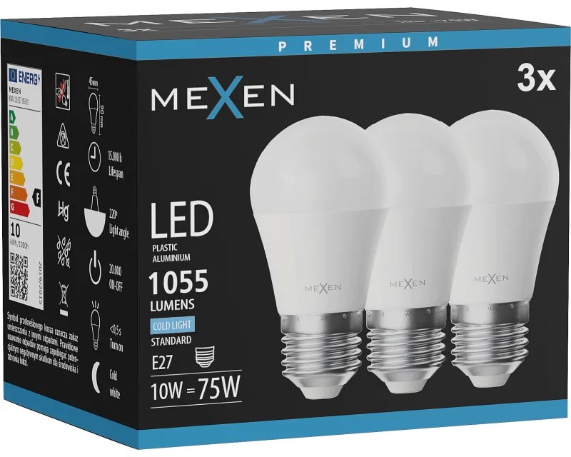 Mexen Nova 3x LED žárovka E27, G45, 10W, Studená - 6500K, 1055 lm - L101-E27-1065-01x03