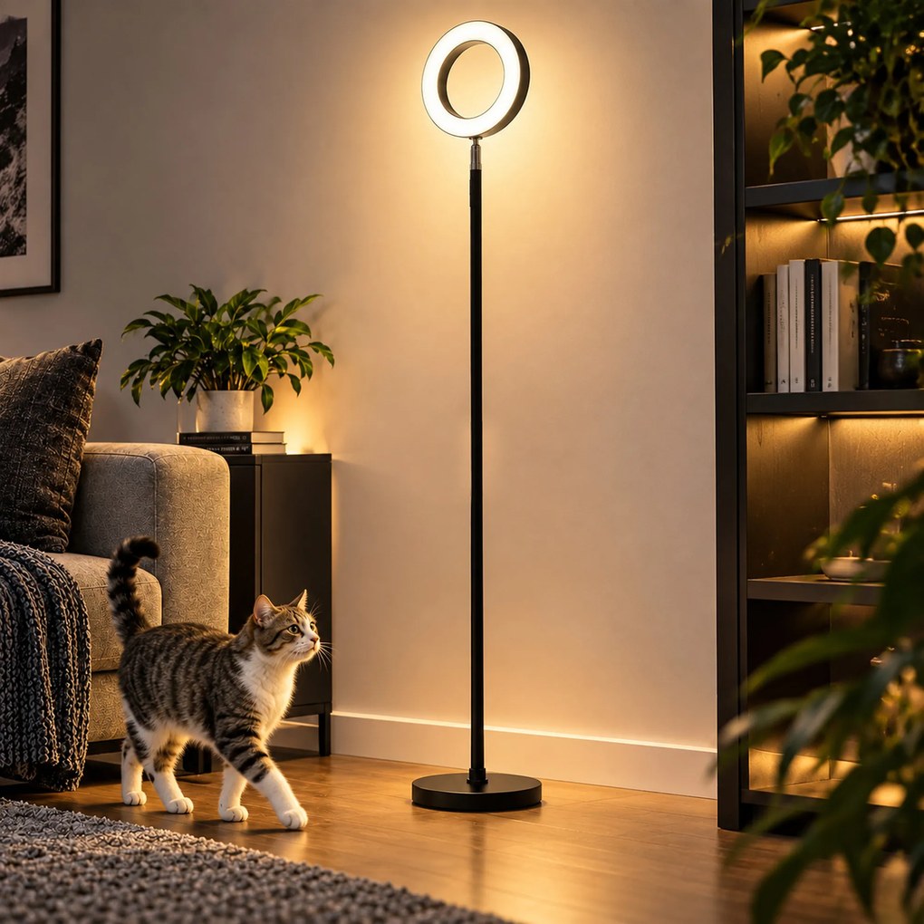 HOMCOM Stojací lampa 42W LED stmívatelná, 3 barevné teploty, stropní reflektor s nastavitelnou hlavou ve tvaru kruhu, černá