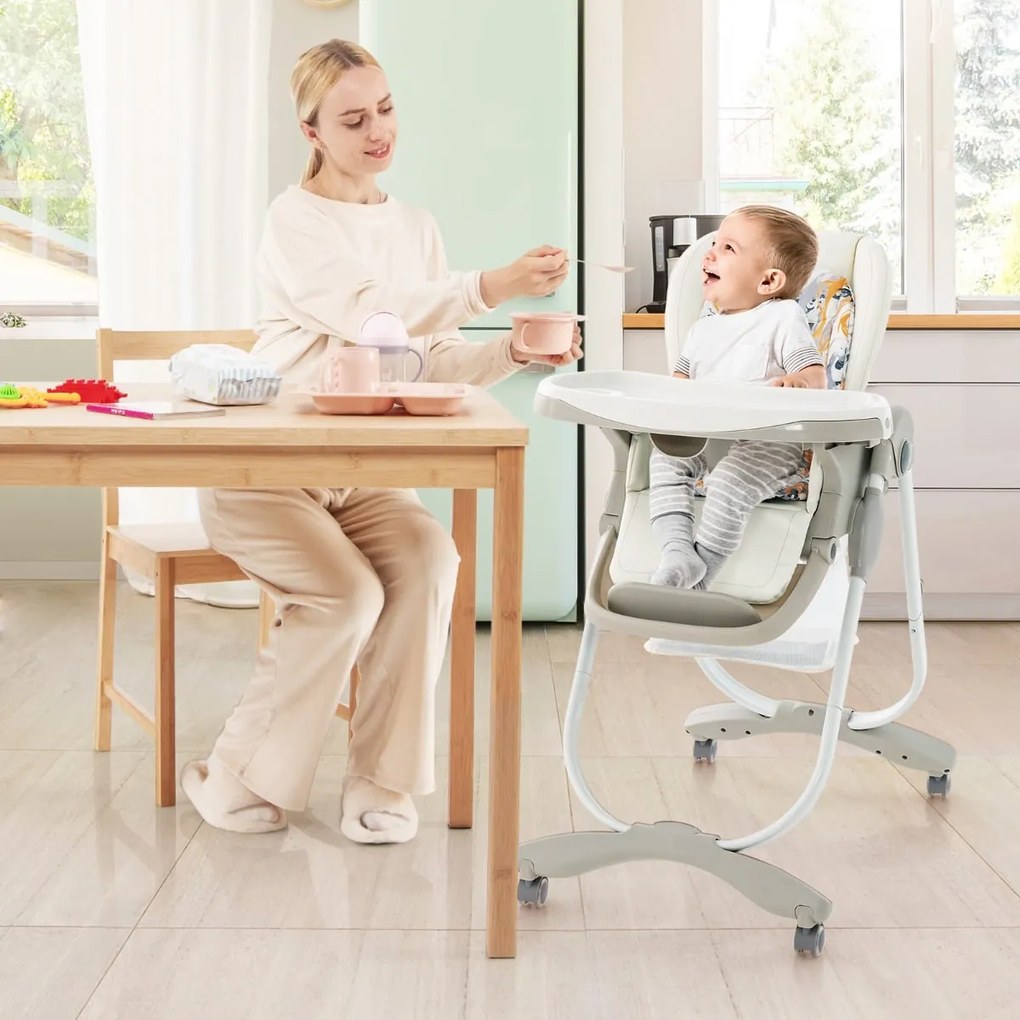 Costway Skládací vysoká židle s kolečky a nastavitelnou výškou a opěrkou nohou