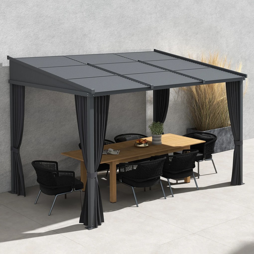 Pergola Outsunny, 3,65 x 2,55 m, Pavilon, Kryt terasy s posuvnou střechou, Zahradní pergola s závěsy, pro zahradu, dvůr, Hliník + kov, Tmavě šedá