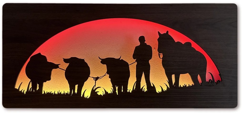 Li-Go "Člověk, kůň a býk" světelný obraz s baterií RGBW 100x45 cm varianta: ovládání na obraze včetně dálkového ovladače, provedení: dub světlý
