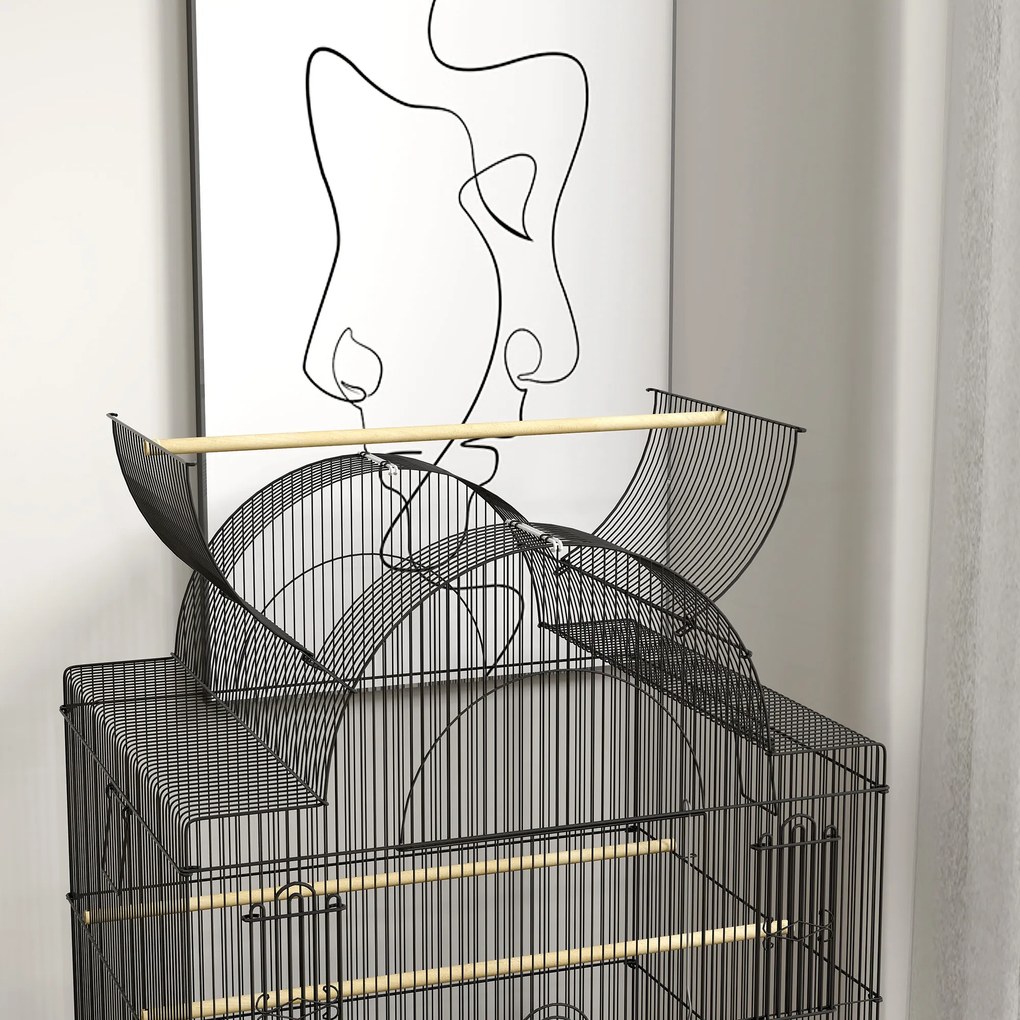 PawHut klec pro ptáky velká klec pro andulky s podnosem, policí, krmítkem, ptačí budka na kolečkách pro kanáry, ocel 63 x 53 x 144 cm černá