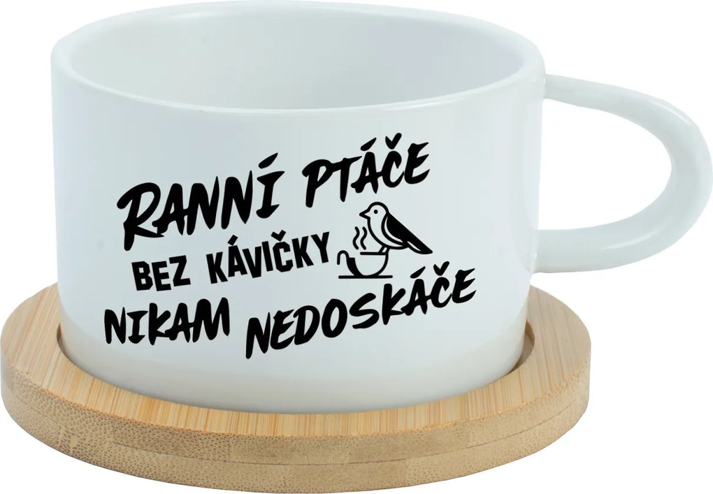 RANNÍ PTÁČE BEZ KÁVIČKY NIKAM NEDOSKÁČE - bílý hrníček makronka 200 ml