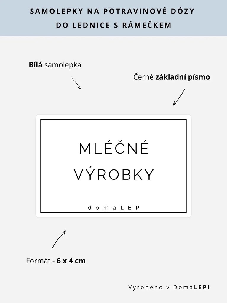 MLÉČNÉ VÝROBKY - Samolepka s rámečkem na dózy do lednice, 6 x 4 cm
