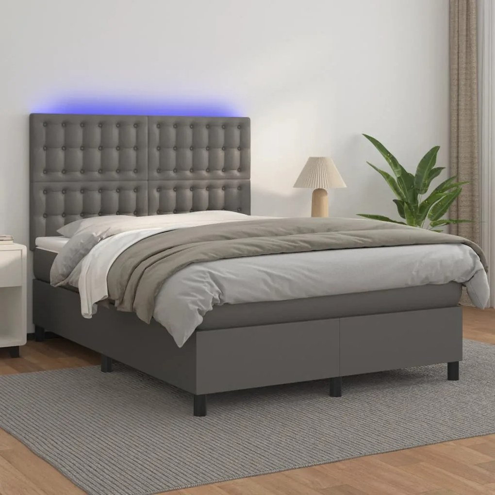 Box spring postel s matrací a LED šedá 140x190 cm umělá kůže