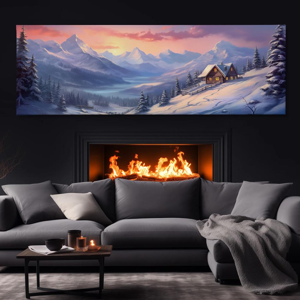 Obraz na plátně - Zimní krajina s horami a chatou FeelHappy.cz Velikost obrazu: 240 x 80 cm