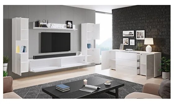 Souprava nábytku do obývacího pokoje Bamisio II, Barva: bílá + šedý lesk, Osvětlení: osvětlení LED - bílé