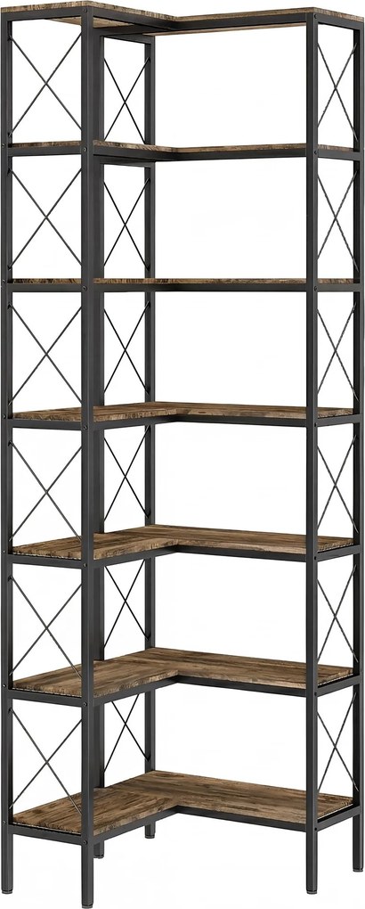 HOMCOM rohový regál do L, 6 polic, volně stojící kovový rám, obývák/kancelář/ložnice, 60 × 60 × 200 cm, rustikální hnědá