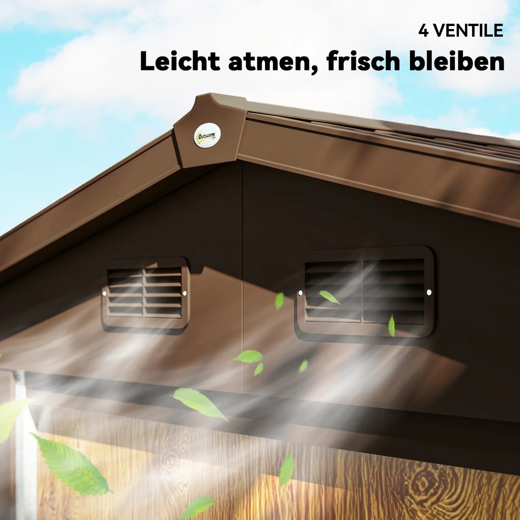Outsunny Kovový Zahradní Kůlna s Dřevěným Vzhledem 3 m² 152 x 235,7 x 208,7 cm Sklad pro Nástroje s Šikmou Střechou, Okny a Dvoubarevnými Posuvnými D…
