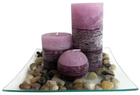 TORO Dárkový set 3 svíčky s vůní levandule na skleněném podnosu s kameny