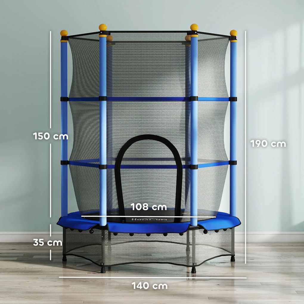 HOMCOM Dětský Trampolína Ø140 cm, Trampolína s Ochrannou Síťkou, Krytem Okrajů, Zahradní Trampolína pro Děti 3-10 Let, Do 50 kg, Modrá