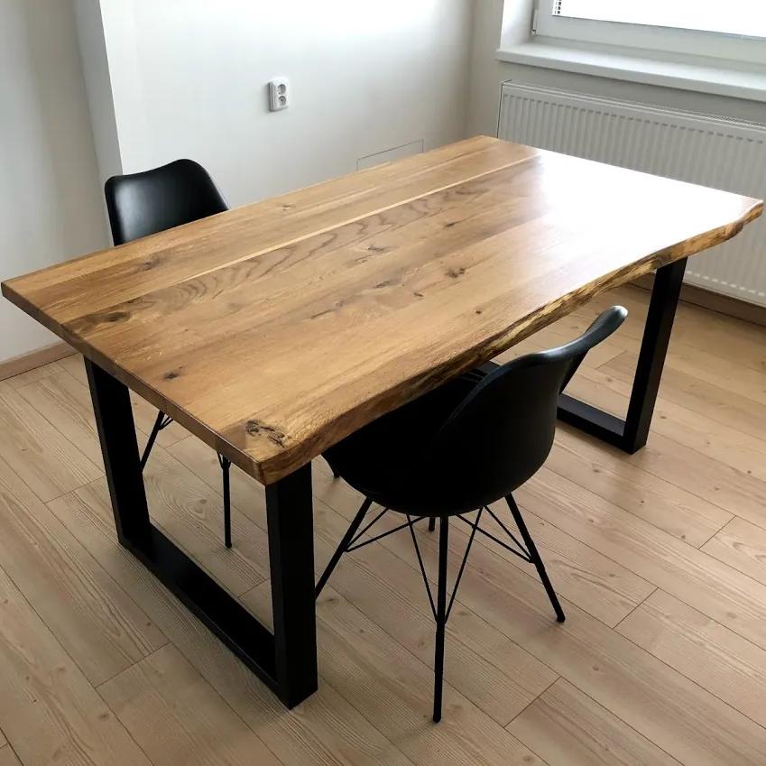 KULHÁNEK Jídelní stůl s rustikální hranou a ocelovou podnoží Velikost desky: 150x80 cm, Odstín podnože: bílá - RAL 9010