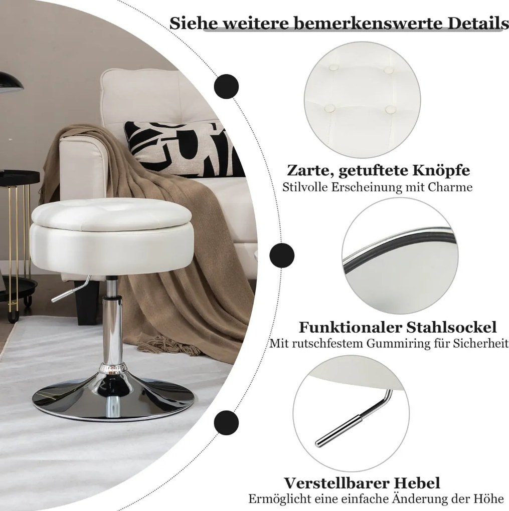 Costway Stolička na make-up s úložným prostorem otočná o 360° z umělé kůže bílé