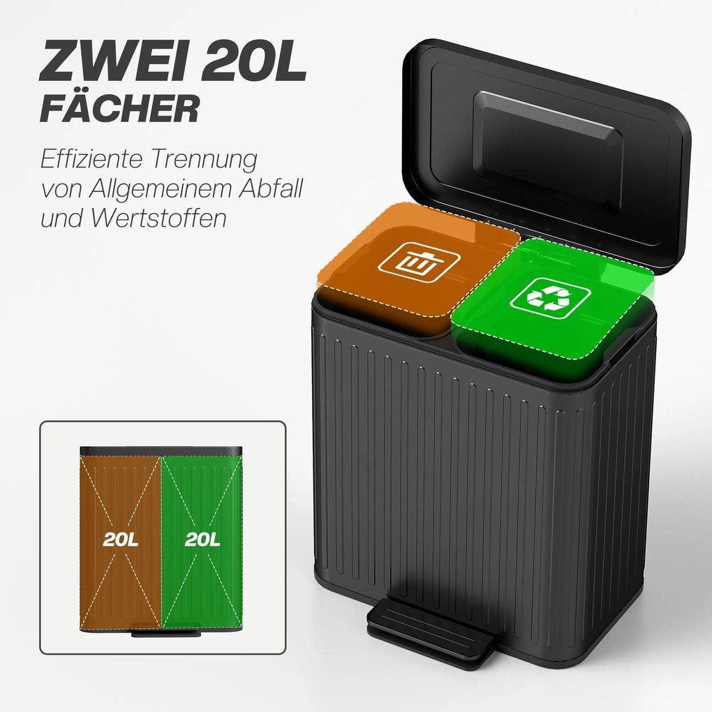 Küchenmülleimer, 2 x 20 L-Fächer, effiziente Mülltrennung, Fußpedal, Kunststoff, Metall, Schwarz