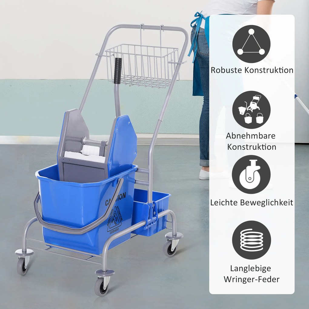 HOMCOM Úklidový vozík, vozík na mop, objem 25 l, 4 kolečka, plast, modrý