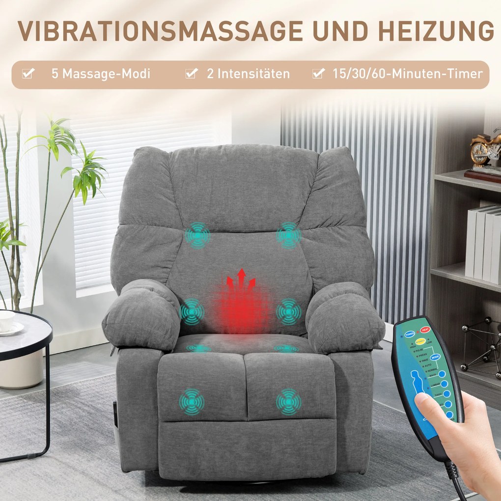 HOMCOM Relaxační křeslo s masážní funkcí, funkce ležení, otočné masážní křeslo, 4 boční kapsy a dálkové ovládání, tmavě šedá