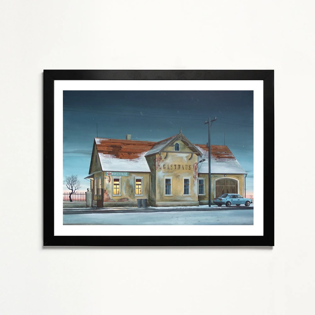 Štěpán Jirák | Hospoda v zimě Rám: Bílý, Velikost: 40 x 60 cm
