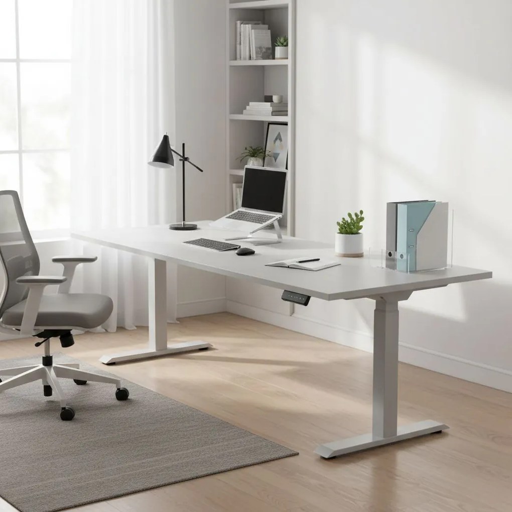 Výškově nastavitelný stůl OfficeTech Long, 260 x 80 cm, šedá podnož, světle šedá