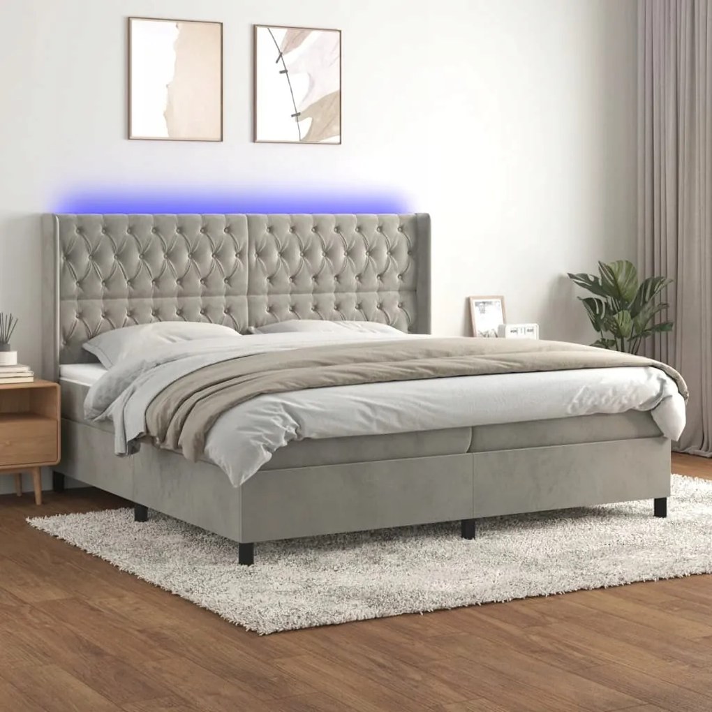 Box Spring Postel S Matrací A Led Samet Světle Šedá Prošívaný design 200