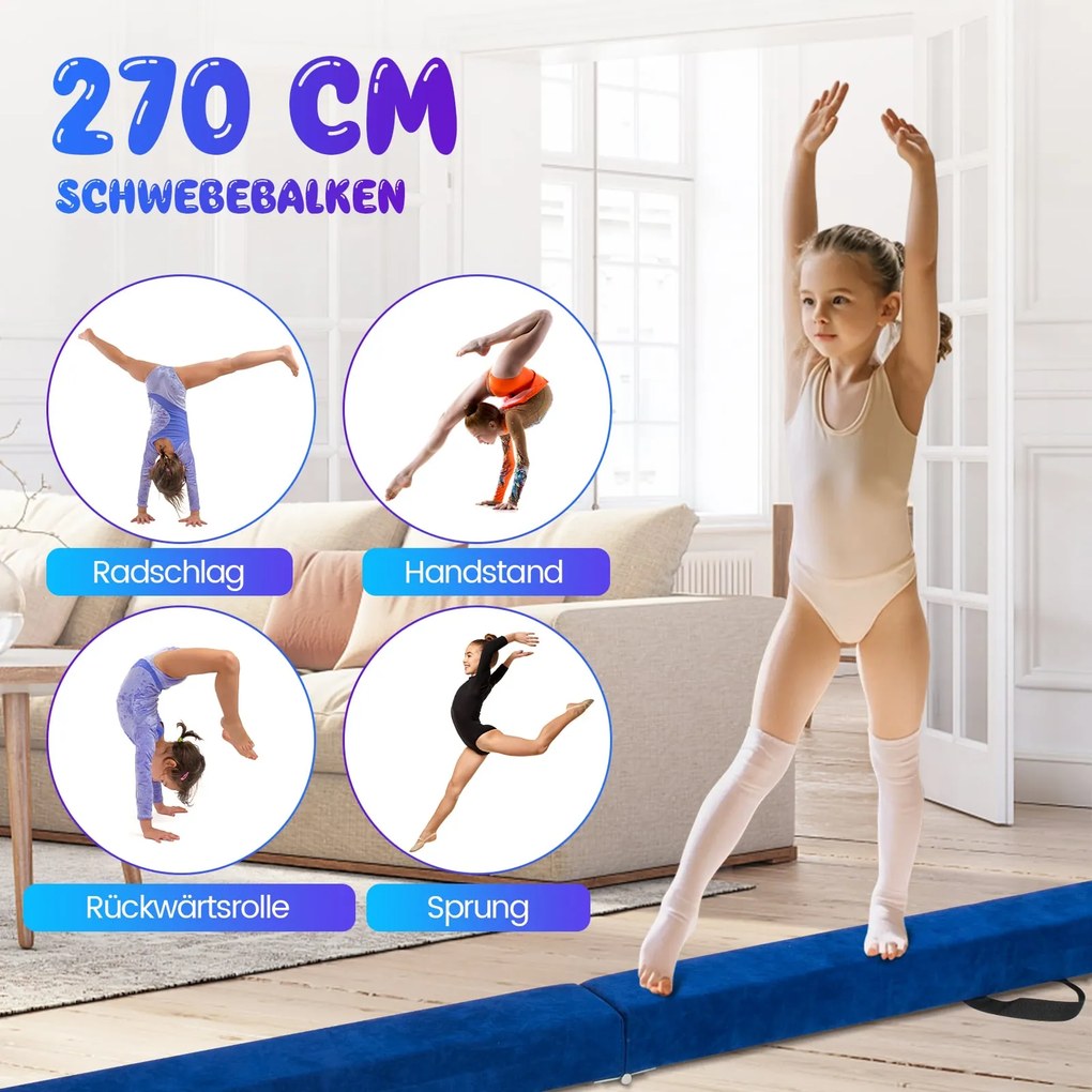 Costway 270 cm kladina dětská kladina skládací gymnastická kladina s – modrý