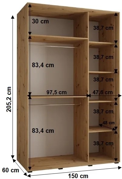 Šatní skříň Sapporo Abika 150/205,2/60 barevné provedení: dub artisan+ bílý mat+černé lamely