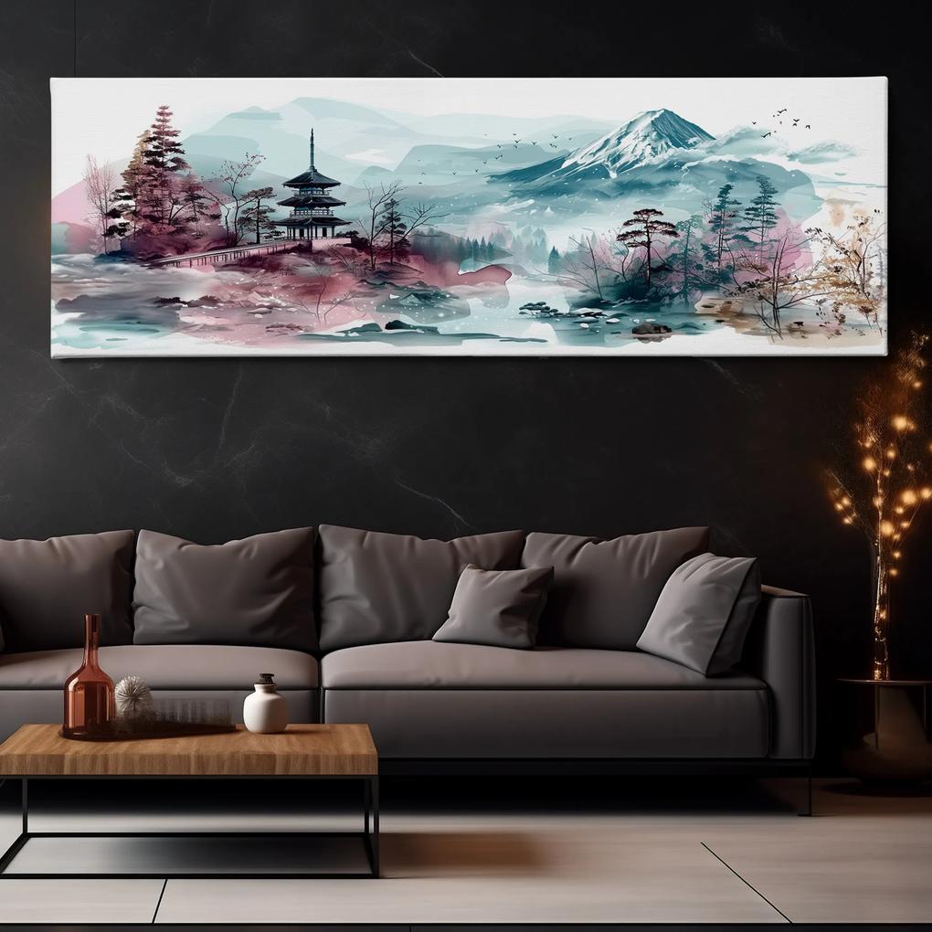 Obraz na plátně - Japonské hory s malou modlitebnou FeelHappy.cz Velikost obrazu: 240 x 80 cm