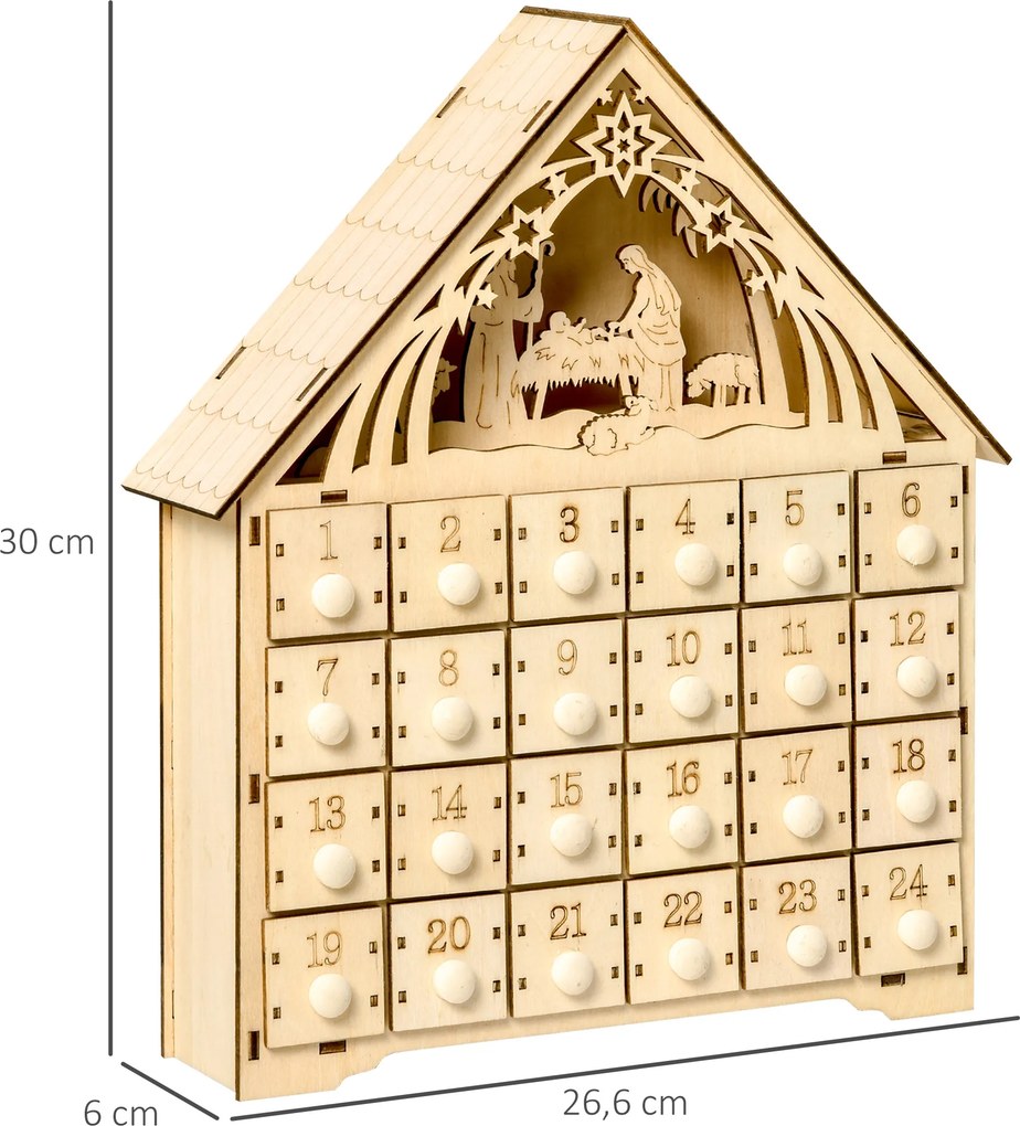 HOMCOM Adventní kalendář s LED osvětlením, 24 zásuvek, scéna betlému, 26,6 x 30 cm, vzhled dřeva
