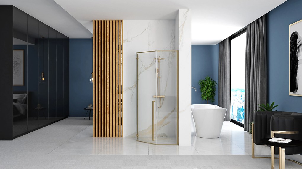 Rea Diamond, 5-úhelníkový sprchový kout 90x90, 6mm čiré sklo, zlatý matný profil + černá sprchová vanička, KPL-K6507