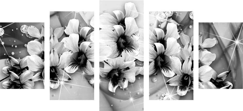 5-dílný obraz černobílé květiny na abstraktním pozadí Varianta: 200x100