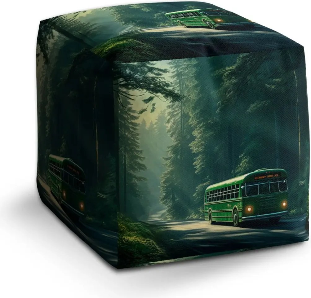 Sablio Taburet Cube Zelený autobus v lese - 50x50x50 cm