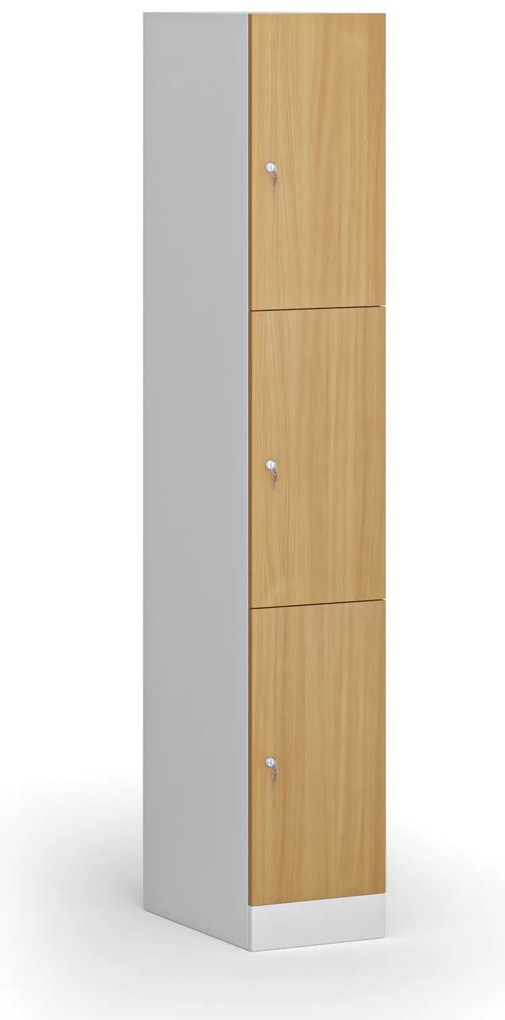 Šatní skříňka S1 s úložnými boxy, 3 boxy, 1850 x 300 x 500 mm, cylindrický zámek, laminované dveře, buk