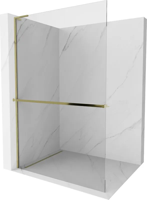 Mexen Kioto+ L, sprchová zástěna Walk-In s poličkou a věšákem 50 x 200 cm, 8mm čiré sklo, zlatý lesklý profil, 800-050-123-50-00