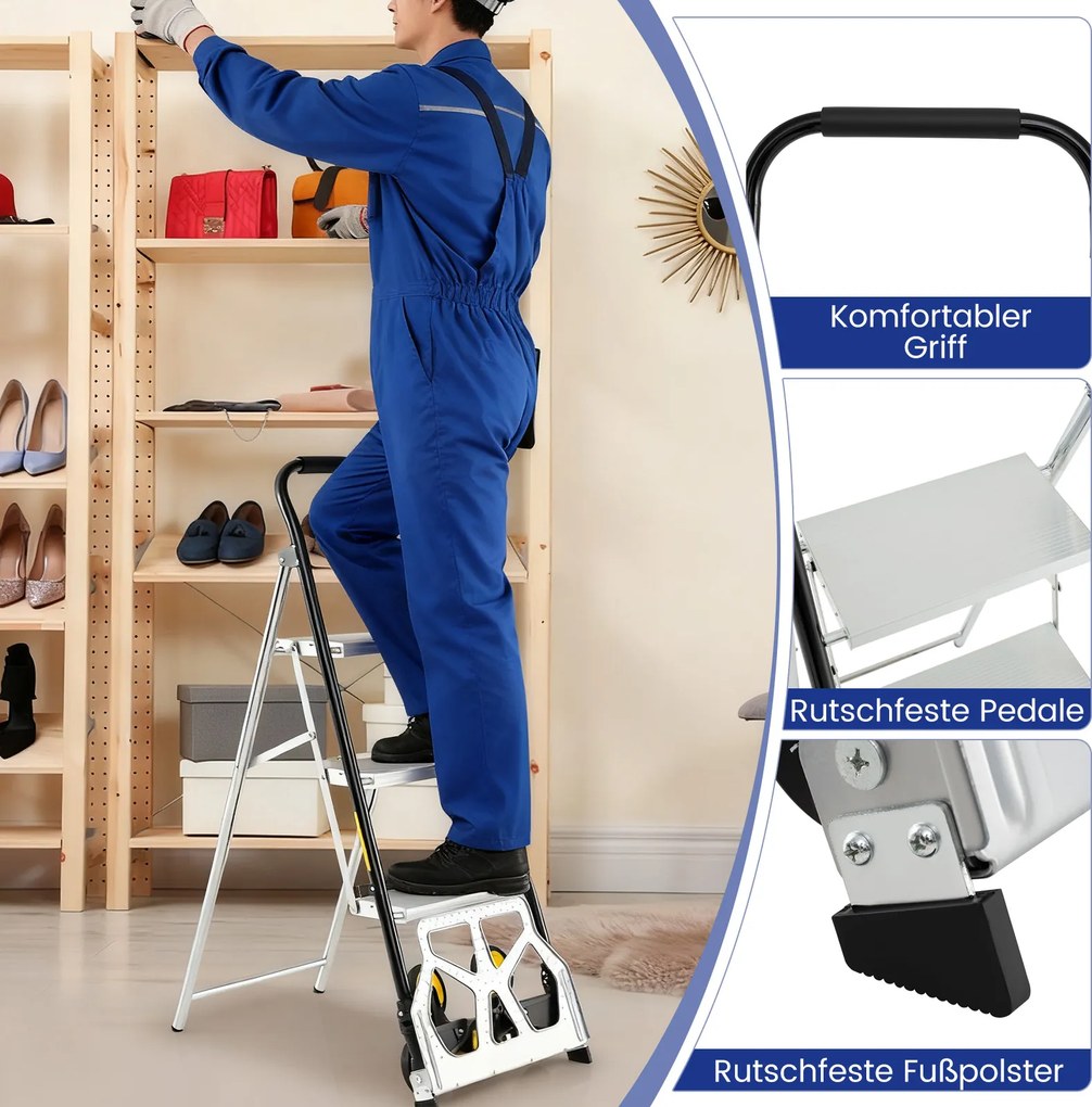 Costway 2-in-1 Skládací vozík a žebřík hliníková 3-stupňová stolička
