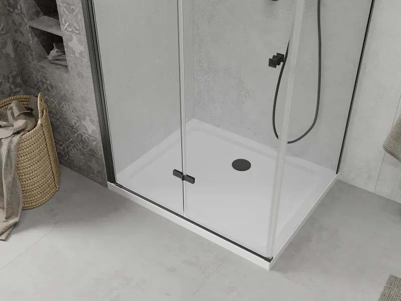 Mexen Lima, sprchový kout se skládacími dveřmi 90 (dveře) x 80 (stěna) cm, 6mm čiré sklo, černý profil + slim sprchová vanička bílá s černým sifonem, 856-090-080-70-00-4010B