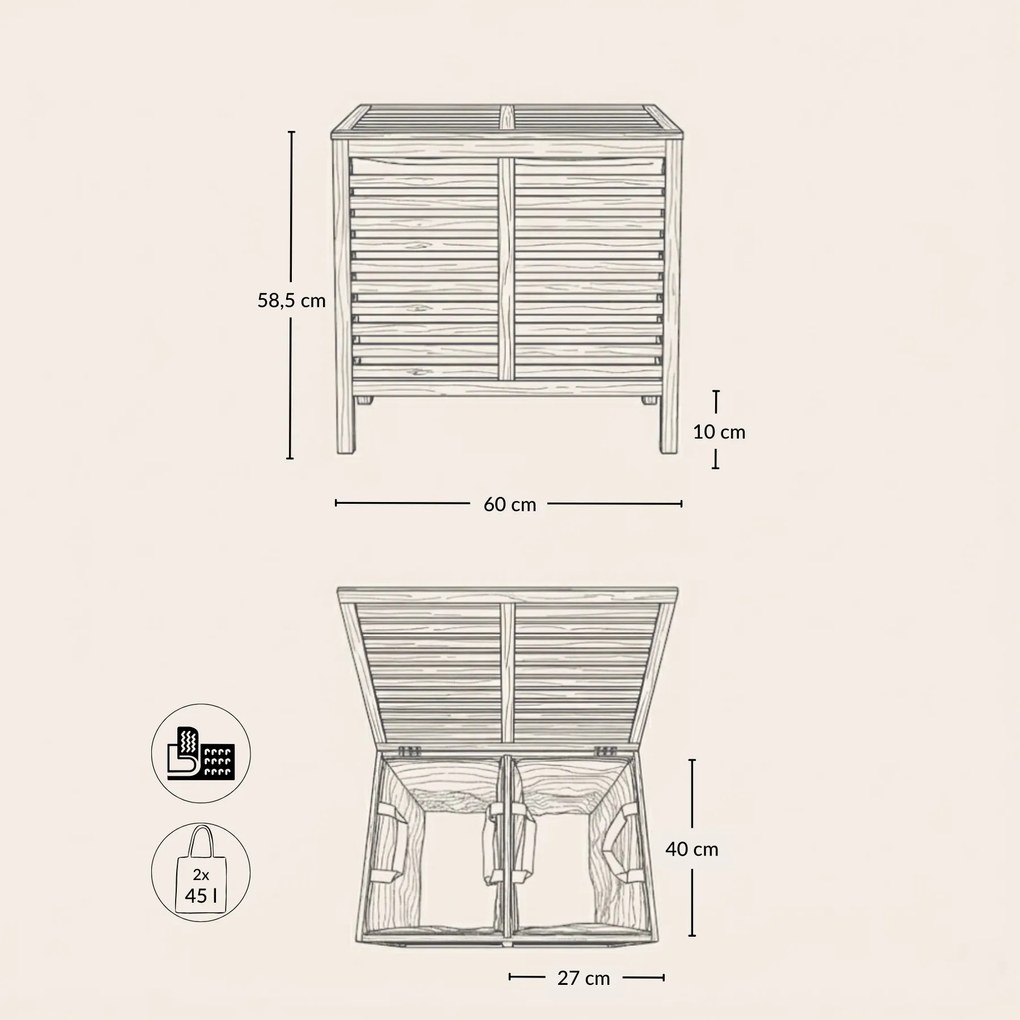 Bambusový koš na prádlo MOA, dvojitý, 90 l
