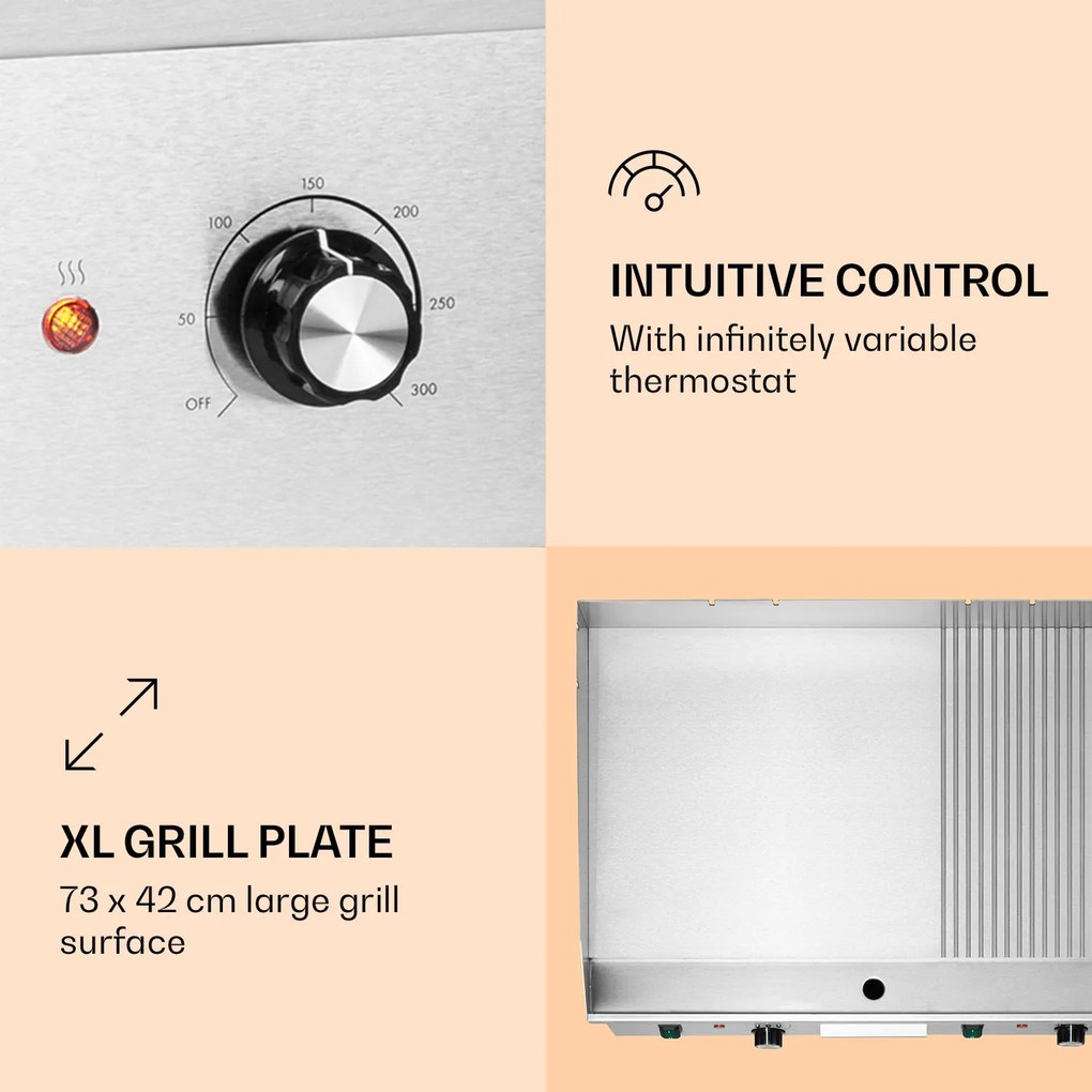 Klarstein Grillmeile 4400, elektrický gril, Plancha, 2 x 2200W, grilovací deska z nerezové oceli