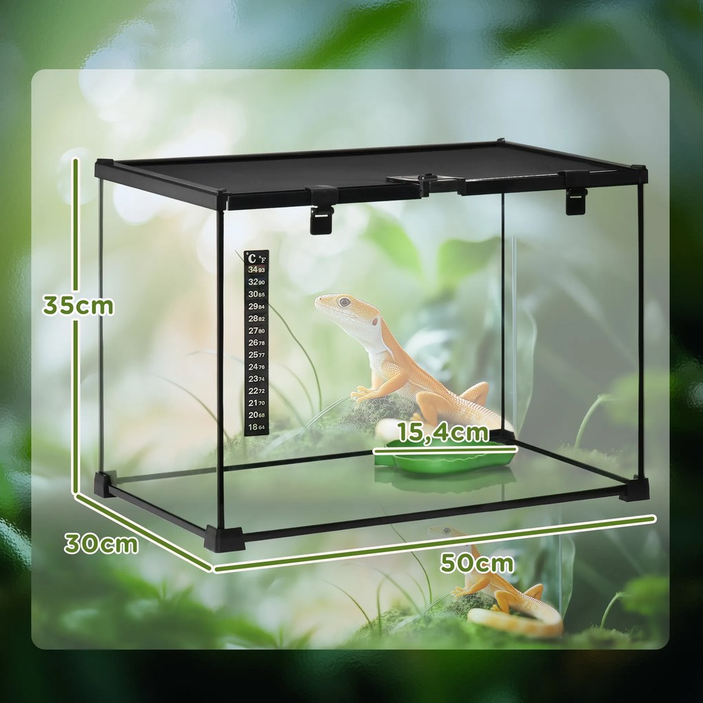 PawHut terárium pro plazy 50 x 30 x 35 cm, skleněný teráriový box pro chov plazů, kovová konstrukce