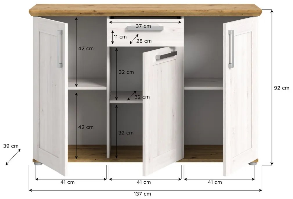 Komoda se zásuvkou Verona, 137 cm, modřín/dub artisan