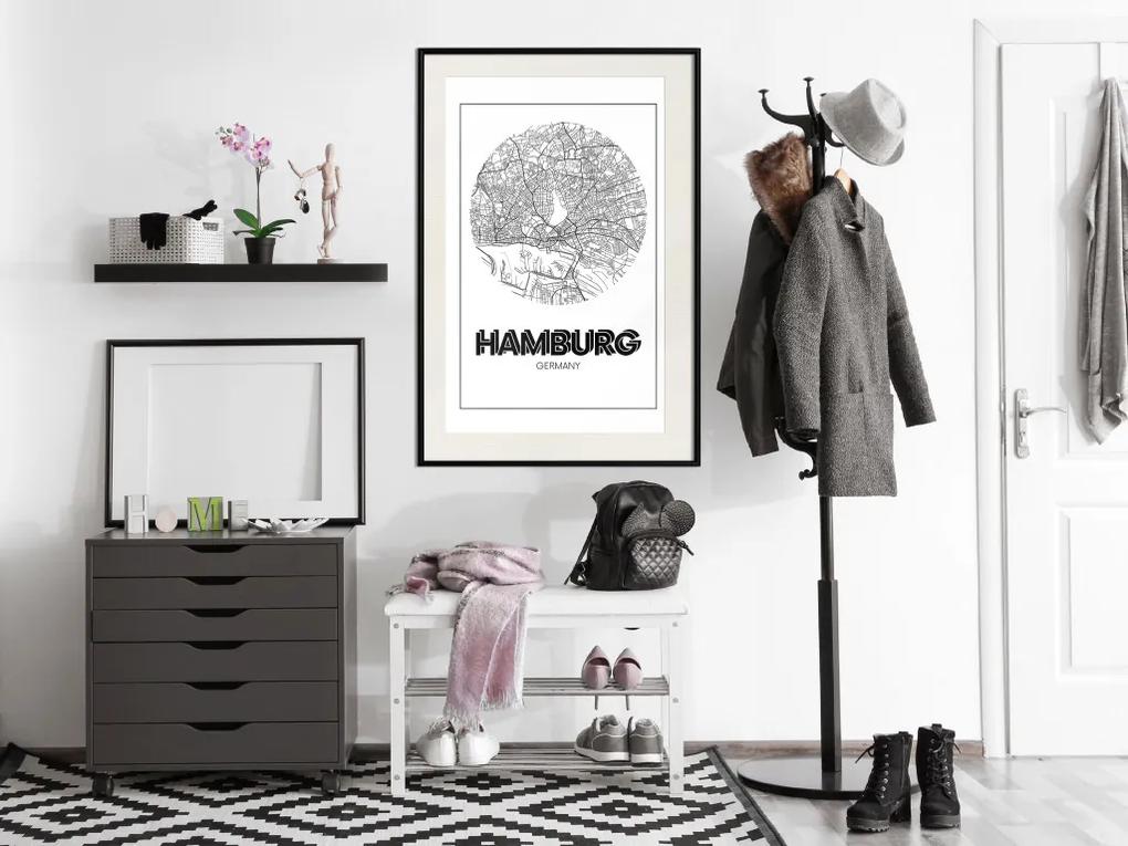 Plakát Retro Hamburk - černo-bílá mapa přístavního města s anglickými texty
