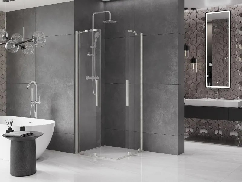 Mexen Velar Duo, sprchový kout s posuvnými dveřmi 90 x 90 cm, 8mm čiré sklo, broušená ocel, 871-090-090-02-97