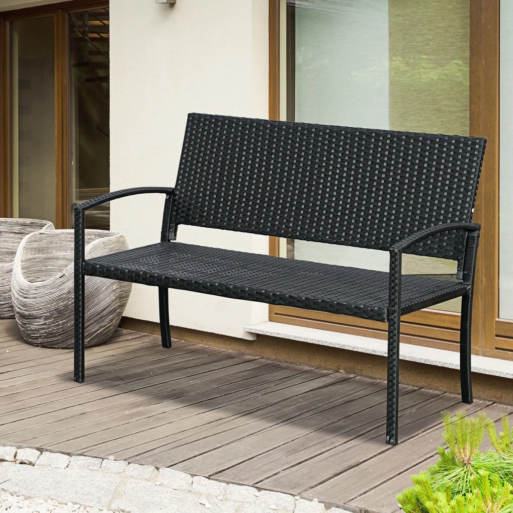 Outsunny polyratanová zahradní lavička 2místná lavička s ocelovým rámem a proutím černá Š122 x H60 x V87cm pro zahradu a terasu