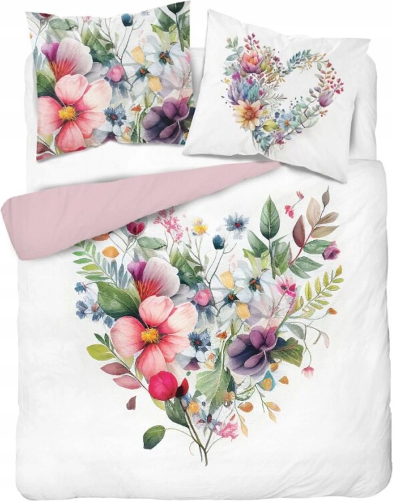 Povlečení květinové bavlněné elegantní srdce pudrově růžové matné 220X200