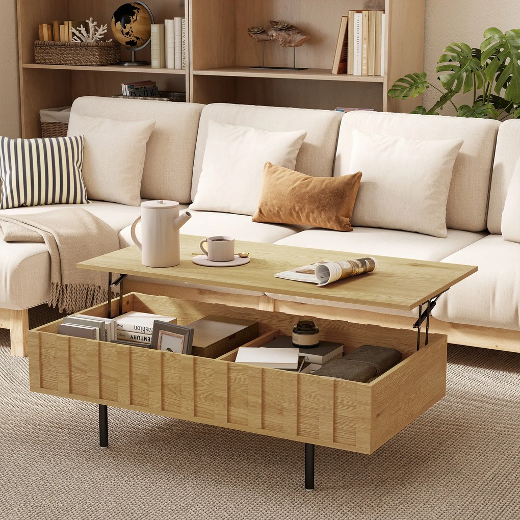 HOMCOM Sklápěcí konferenční stolek se 2 skrytými přihrádkami a žebernými stranami, mid-century-modern styl, 110x55x36,5 cm, dub