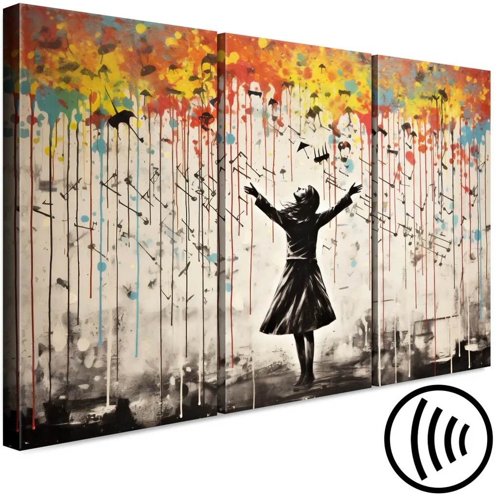 Singing in the Rain - Colorful Graffiti With a Woman in the Style of Banksy