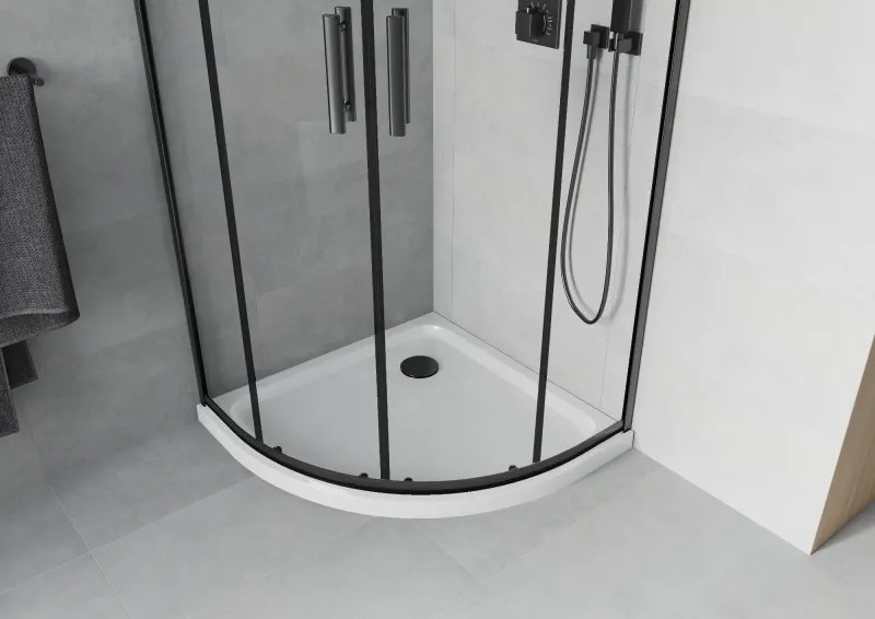 Mexen Rio, čtvrtkruhový sprchový kout 80 x 80 cm, 6mm čiré sklo, černý profil + bílá sprchová vanička, 863-080-080-70-00-4110B