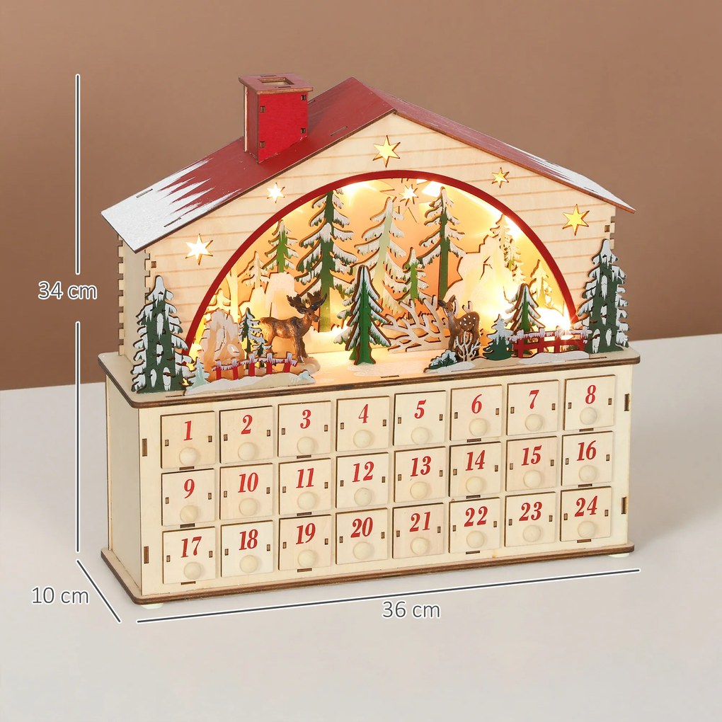 HOMCOM Adventní kalendář k naplnění 24 zásuvky přihrádky, vánoční kalendář s LED světly, přírodní dřevo, 36 x 10 x 34 cm