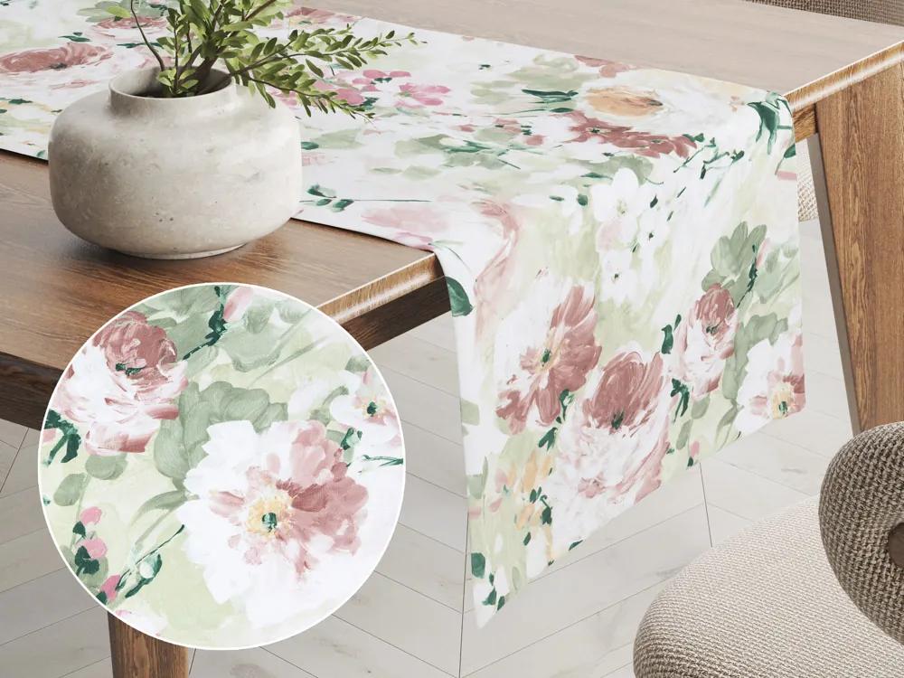 Biante Dekorační běhoun na stůl PM-018 Malované květy na zeleném 20x160 cm