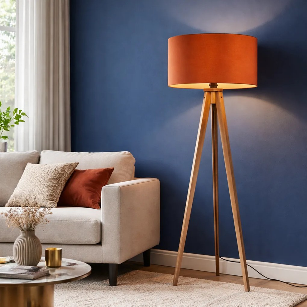 Dřevěná stojací lampa s oranžovým stínidlem a zlatým vnitřkem 50 cm - Tripod Classic