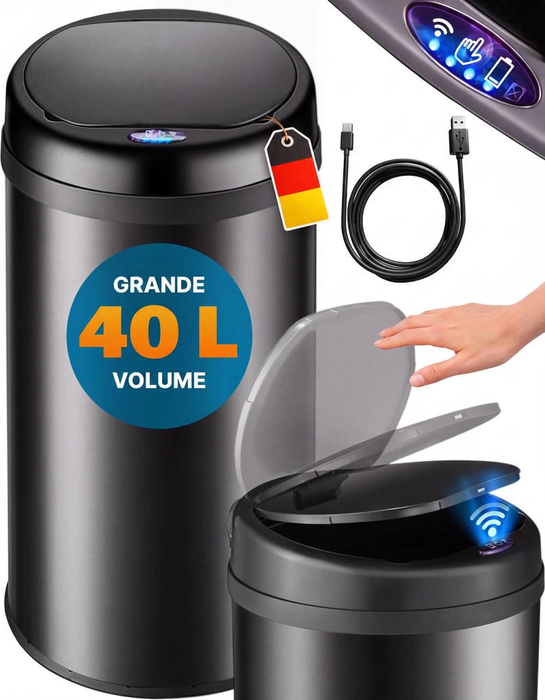 Senzor Odpadkový koš černý nerezová ocel 40L