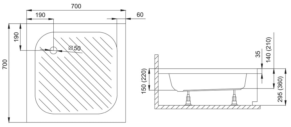Polimat Čtvercová akrylátová sprchová vanička Karen 70x70x15 cm
